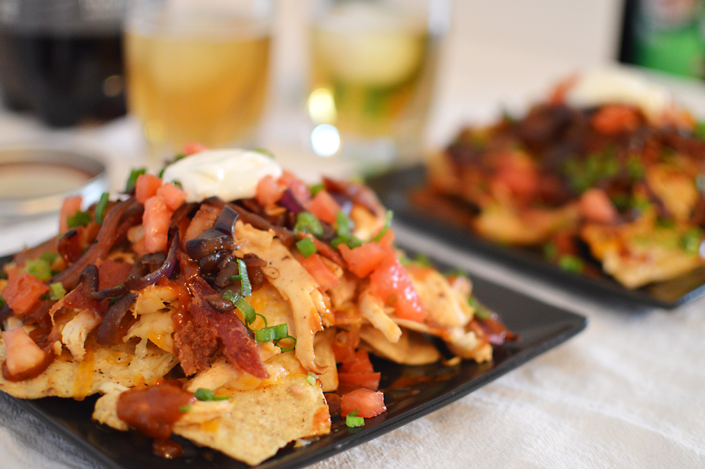 Chicken Bacon Nachos with Root Beer BBQ Sauce